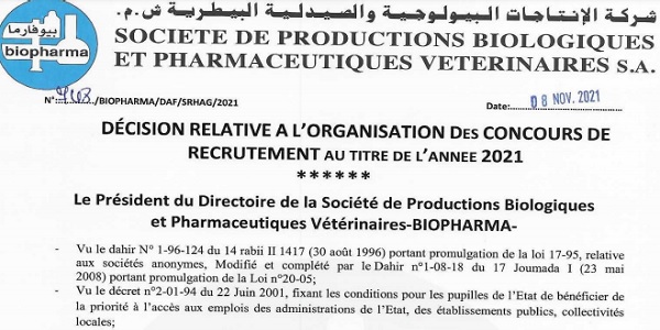 BIOPHARMA Concours et Recrutement 2021 (44 Postes) - Toutaumaroc.com
